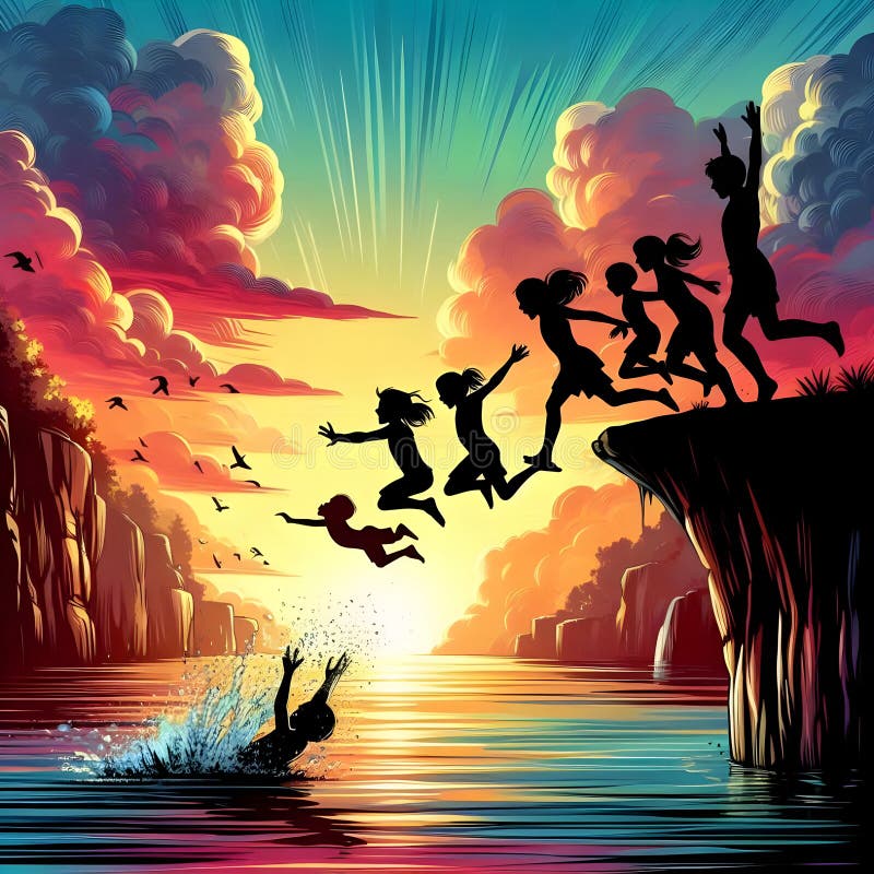 Image of a Few Kids in Silhouette Diving from the Cliff into the Lake ...