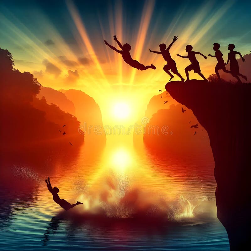 Image of a Few Kids in Silhouette Diving from the Cliff into the Lake ...