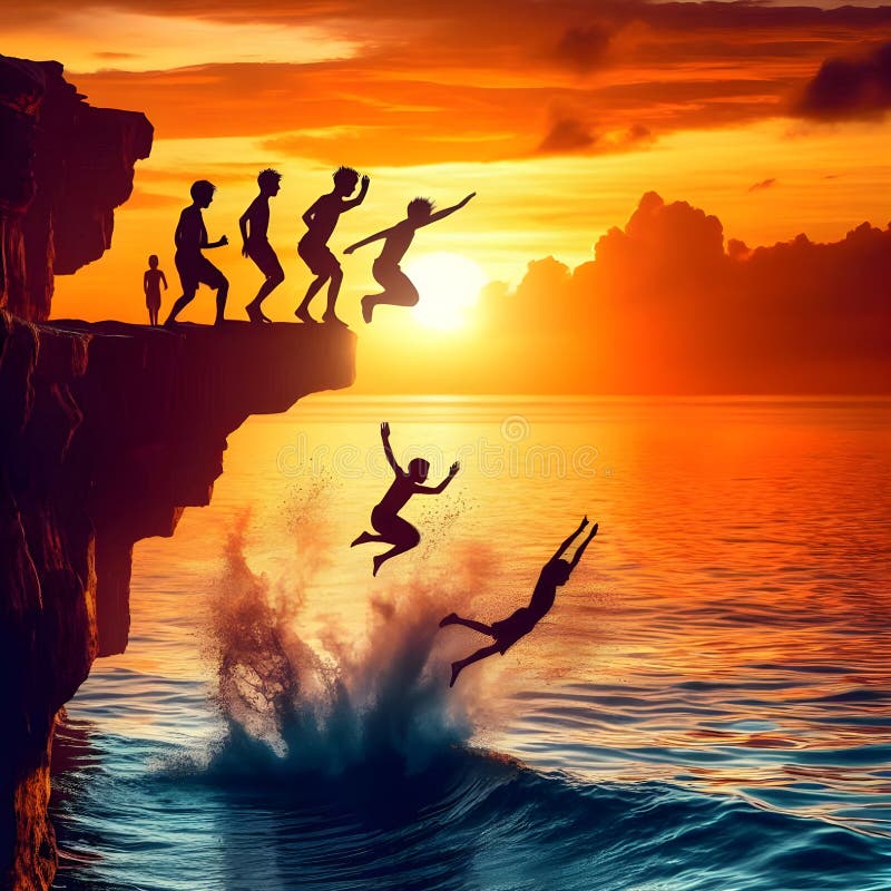 Image of a Few Kids in Silhouette Diving from the Cliff into the Lake ...