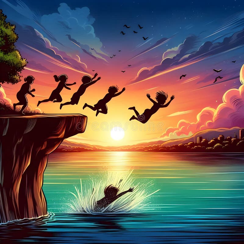 Image of a Few Kids in Silhouette Diving from the Cliff into the Lake ...