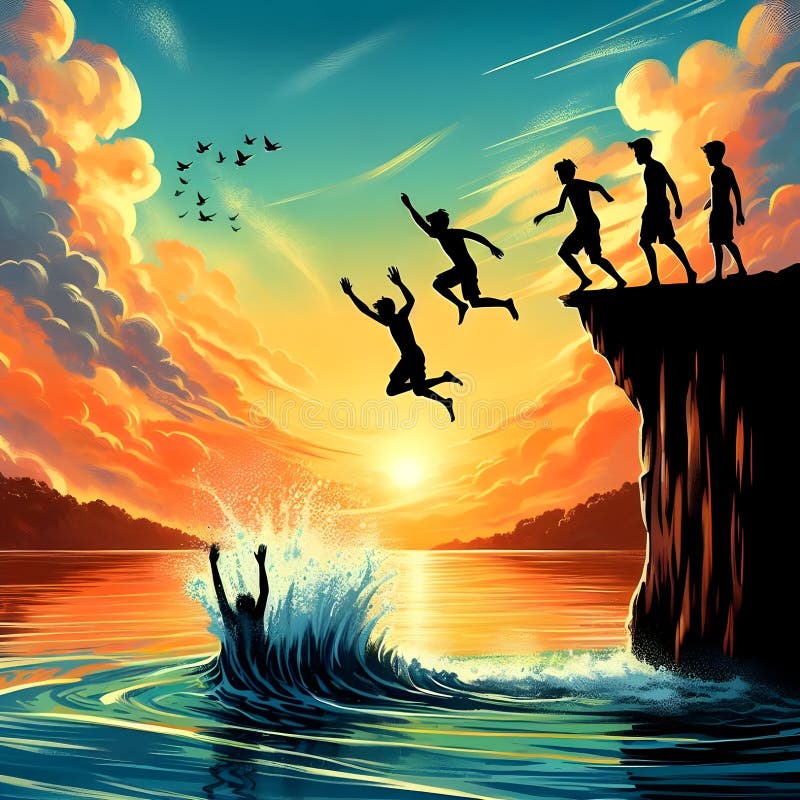 Image of a Few Kids in Silhouette Diving from the Cliff into the Lake ...