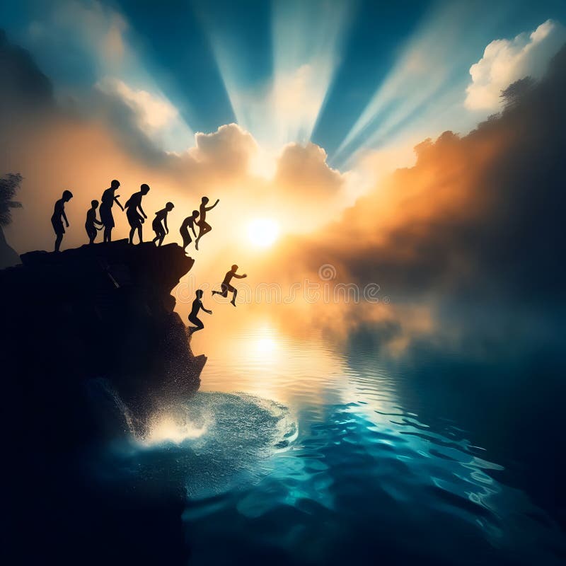 Image of a Few Kids in Silhouette Diving from the Cliff into the Lake ...