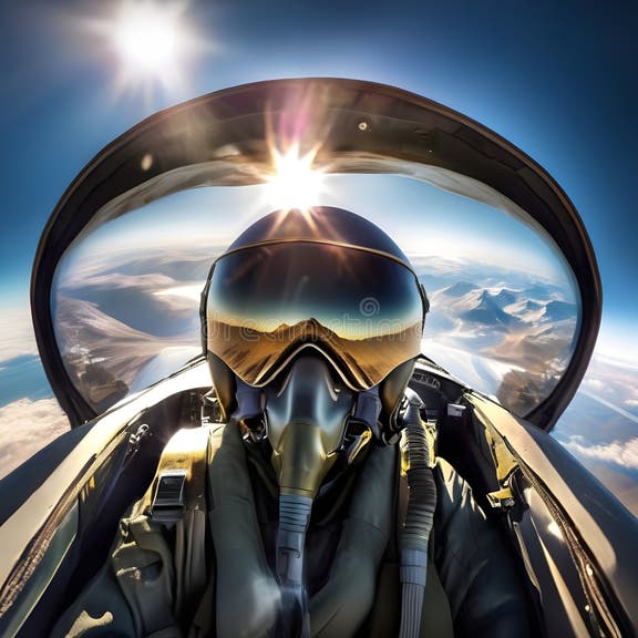 Image of Fighter Pilot Shot from the Front in Flight and the Visor and ...