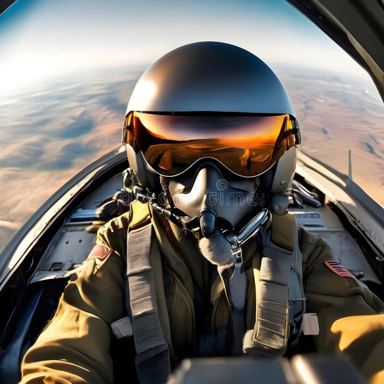 Image of Fighter Pilot Shot from the Front in Flight and the Visor and Mirrors the Image of ...