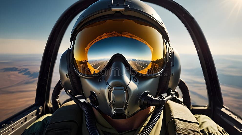 Image of Fighter Pilot Shot from the Front in Flight and the Visor and ...