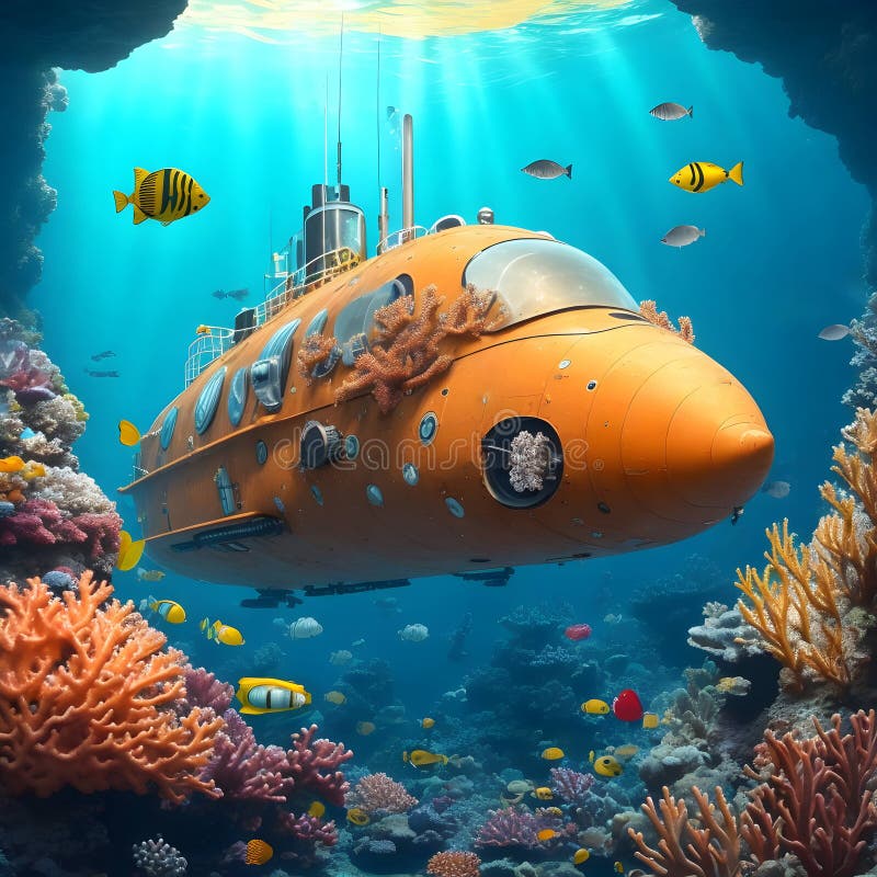 Image of the Futuristic Submarine Exploring the Coral Reef in the Deep ...