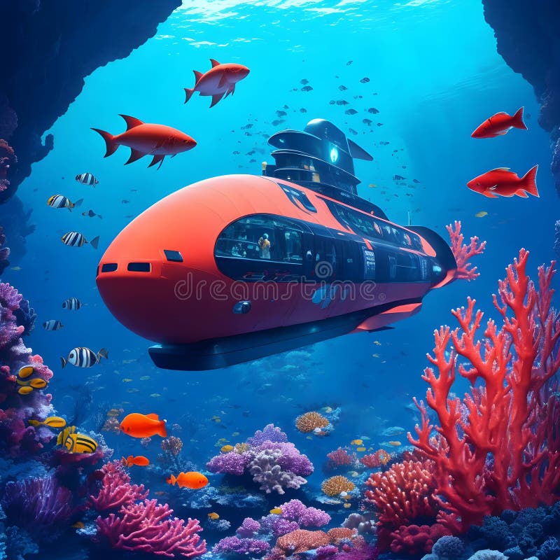 Image of the Futuristic Submarine Exploring the Coral Reef in the Deep ...