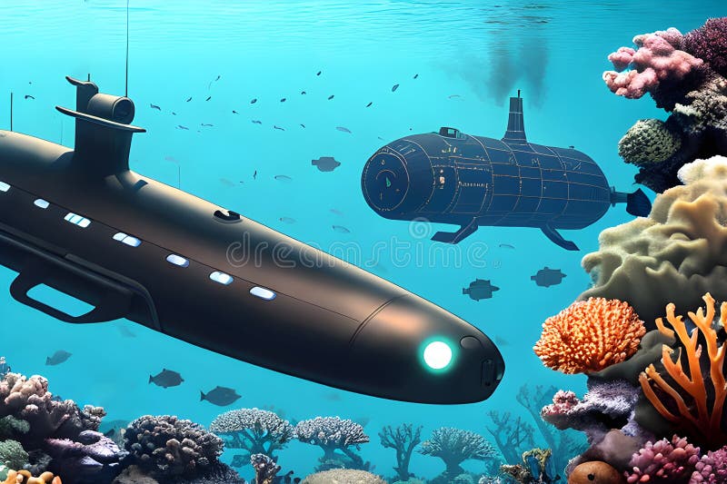 Image of the Futuristic Submarine Exploring the Coral Reef in the Deep ...