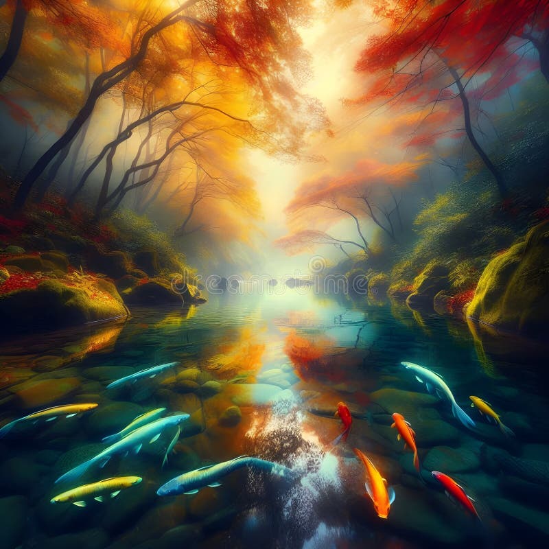 A Gentle Flowing River in a Dense Forest with Glowing Fish Swimming ...