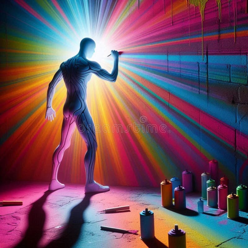 Image of a Graffiti Artist in Silhouette Painting a Wall in Neon Colors ...