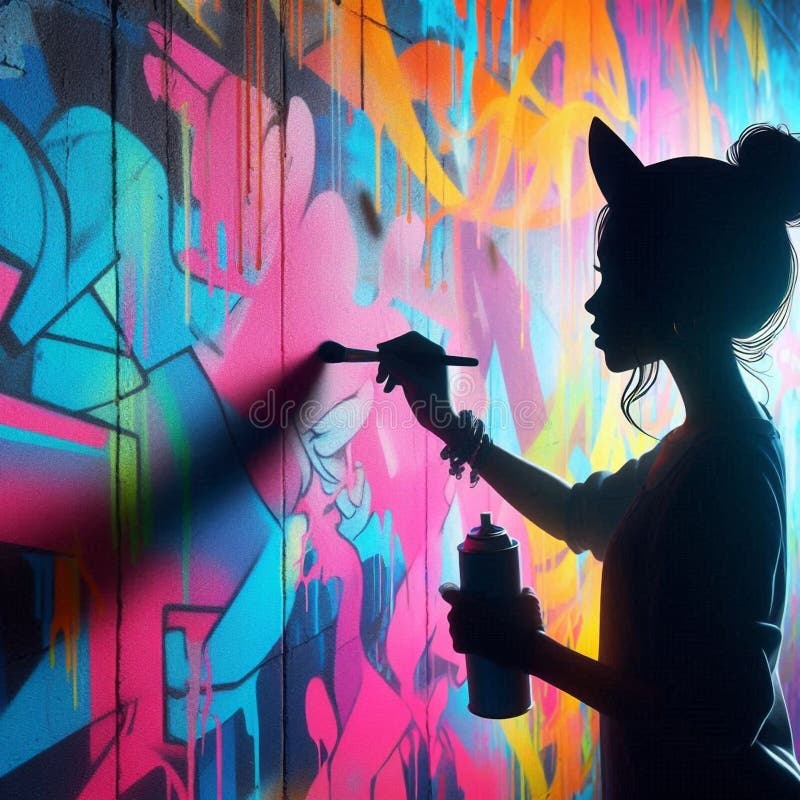 Image of a Graffiti Artist in Silhouette Painting a Wall in Neon Colors ...