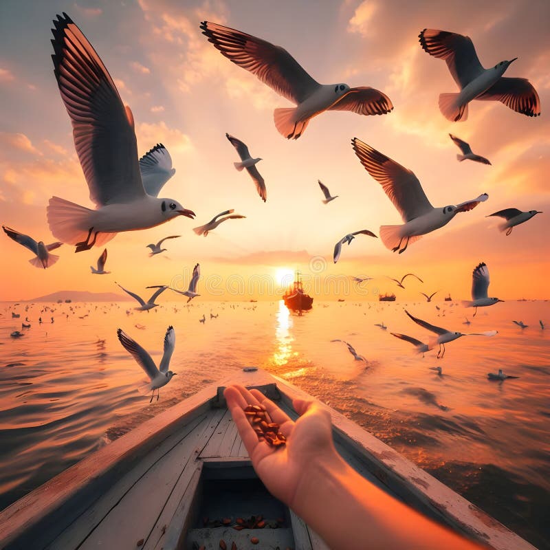 A Hand Reaching Out from the Boat Feeding Seagull Flying in the Sky ...