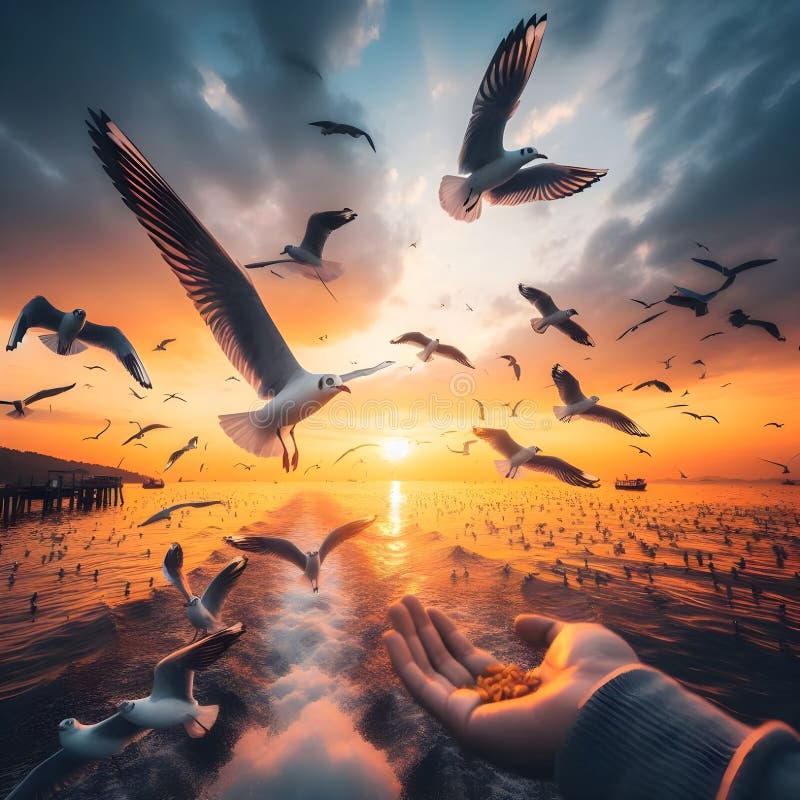 A Hand Reaching Out from the Boat Feeding Seagull Flying in the Sky ...