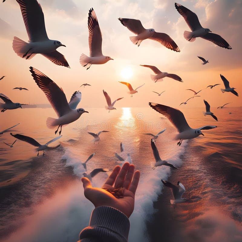 A Hand Reaching Out from the Boat Feeding Seagull Flying in the Sky ...