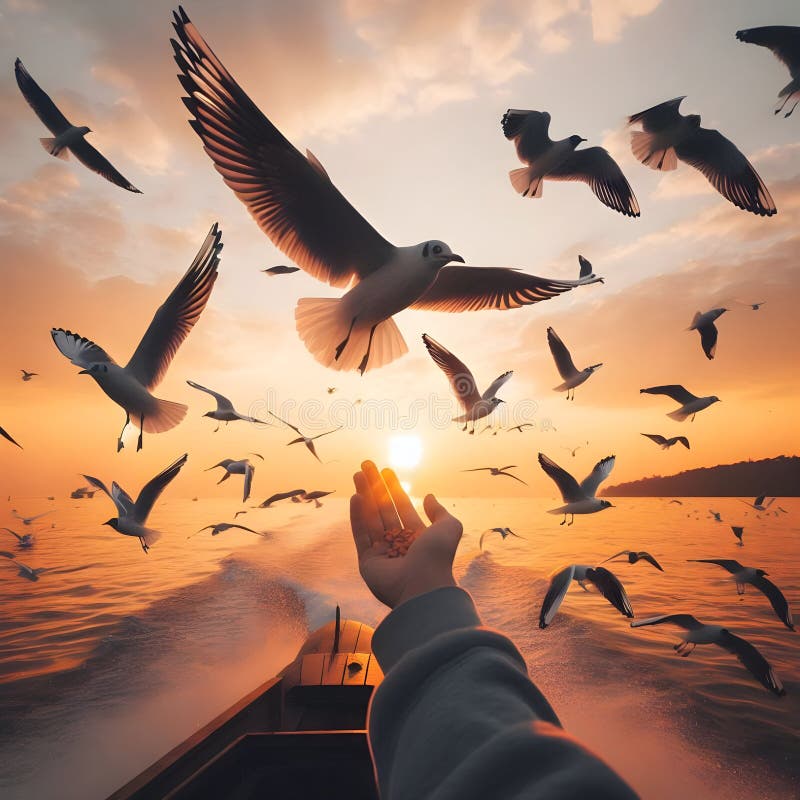 A Hand Reaching Out from the Boat Feeding Seagull Flying in the Sky ...