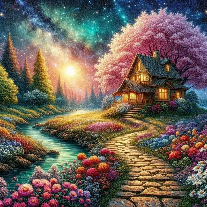 A Heaven Colorful Wallpaper of a House by the Water. Stock Illustration ...