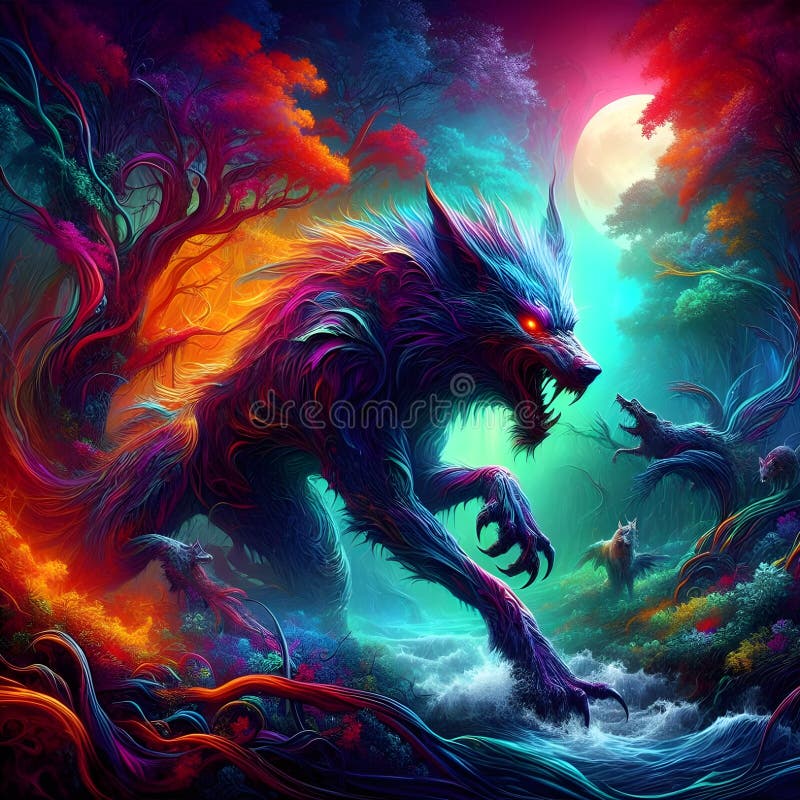 Image Of A Huge Fierce Werewolf Is Shown And Running Wild In The Dark Forest Stock Illustration