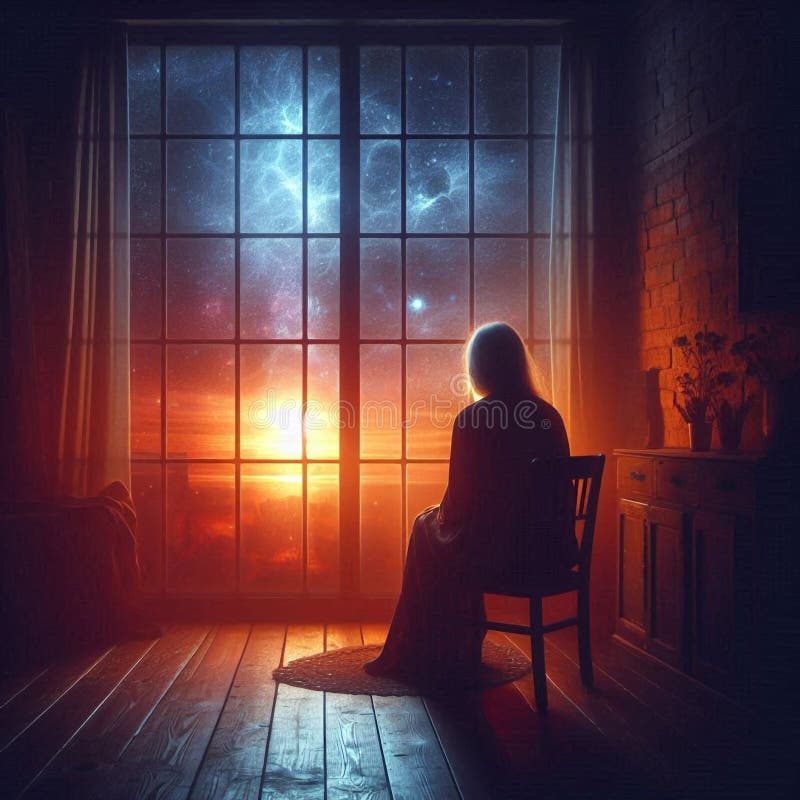A Human Figure Sits Alone in a Dimly Lit Room and Staring Out the ...