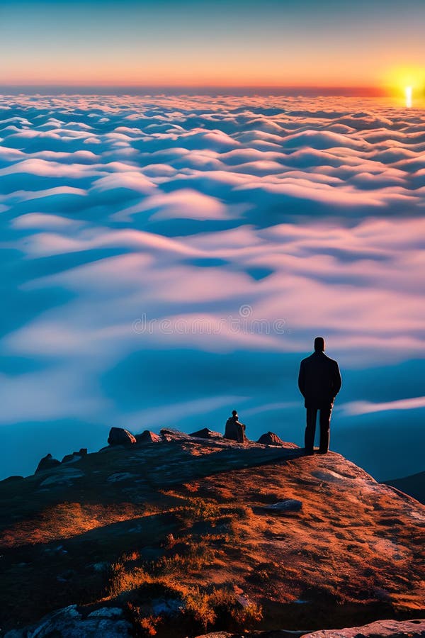 A Human Figures Stand Atop a Mountain Peak, Gazing Out at the Distant ...