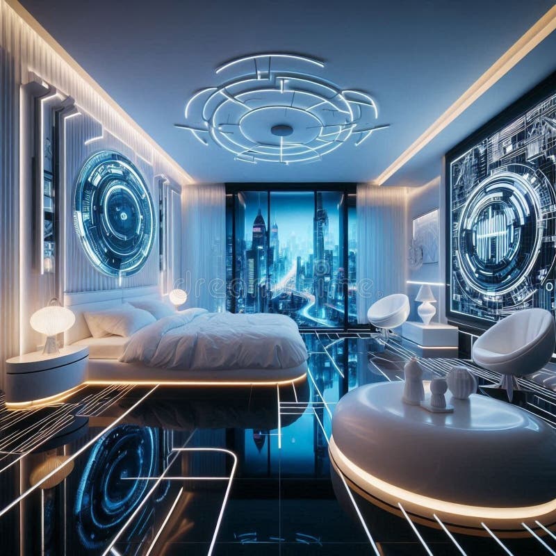 Interior Photography of High Tech Bedroom of a Cyberpunk City Apartment ...