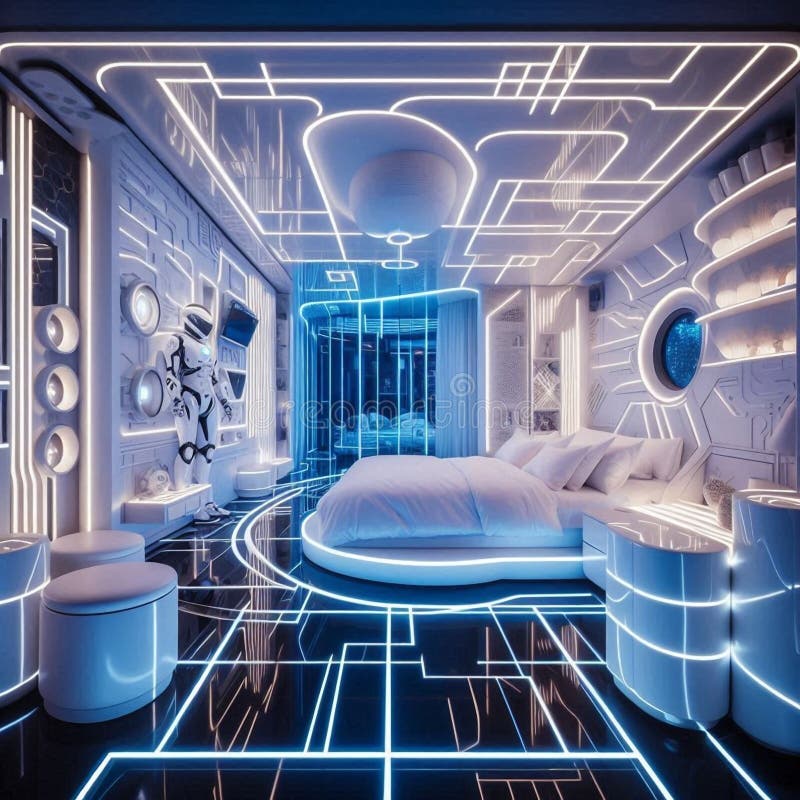 Interior Photography of High Tech Bedroom of a Cyberpunk City Apartment ...