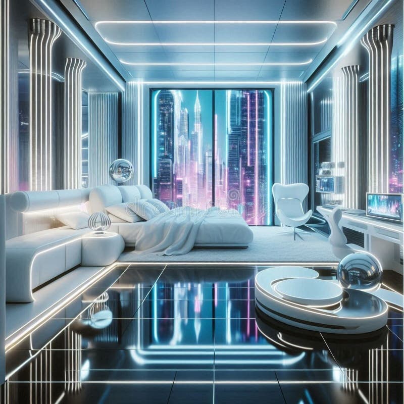 Interior Photography of High Tech Bedroom of a Cyberpunk City Apartment ...