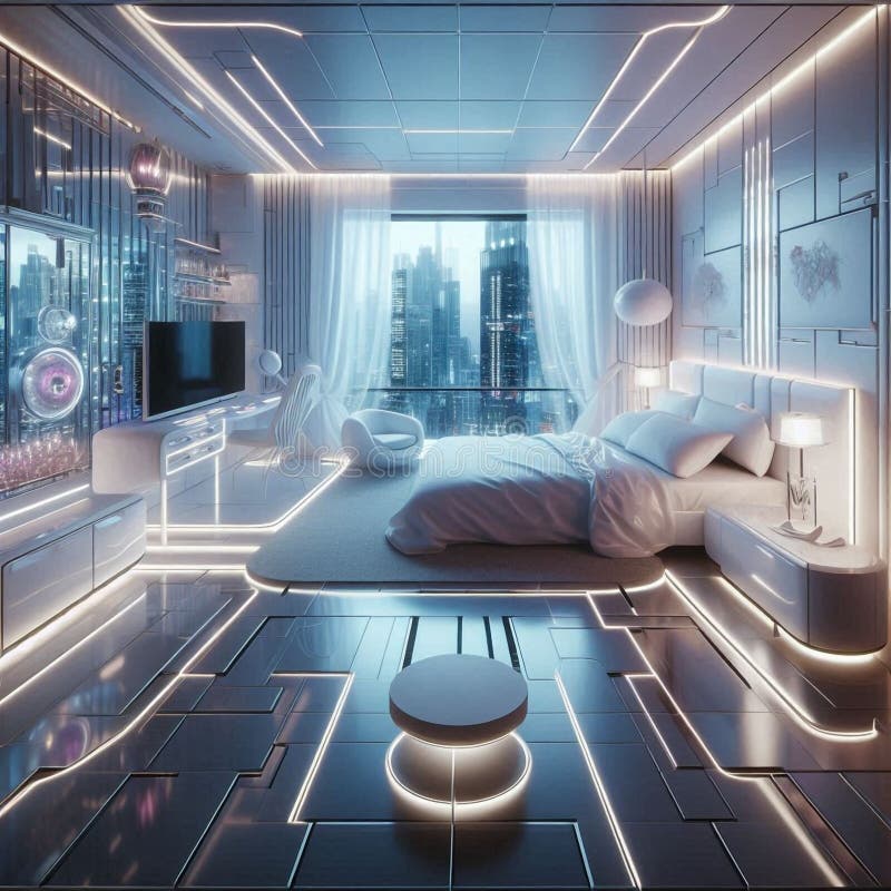 Interior Photography of High Tech Bedroom of a Cyberpunk City Apartment ...