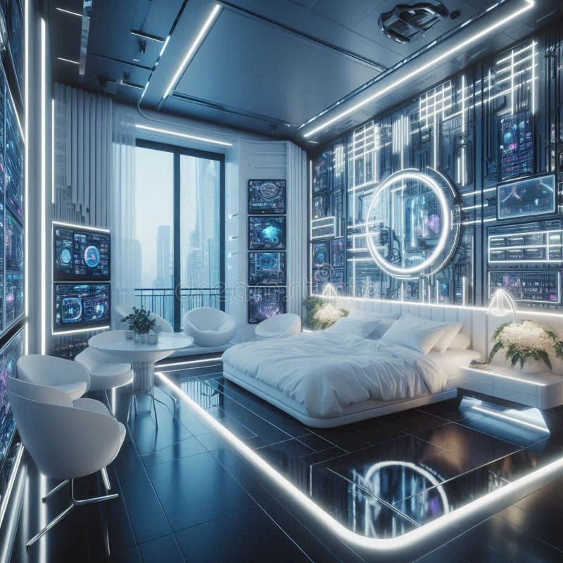 Interior Photography of High Tech Bedroom of a Cyberpunk City Apartment ...