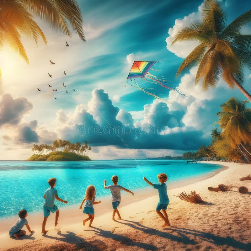 Image of Kids Playing and Flying Kite by the Beach with Beautiful ...
