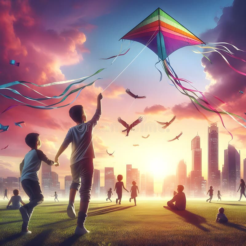 Image of Kids Playing and Flying Kite at the City Park during Beautiful ...
