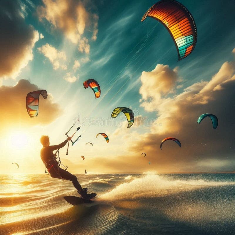A Kite Surfing on a Windy Day at the Lake. Stock Illustration - Illustration of vector, vacation ...