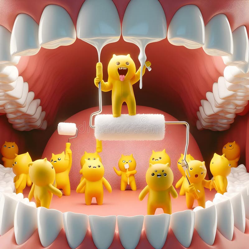 Image of Little Funny Cartoon Monsters in Yellow Suits Color the Tooth ...