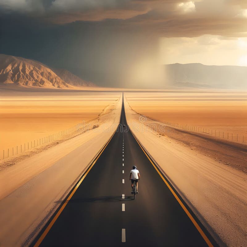 A Lone Cyclist is Crossing a Straight and Empty Road that Stretches Far ...