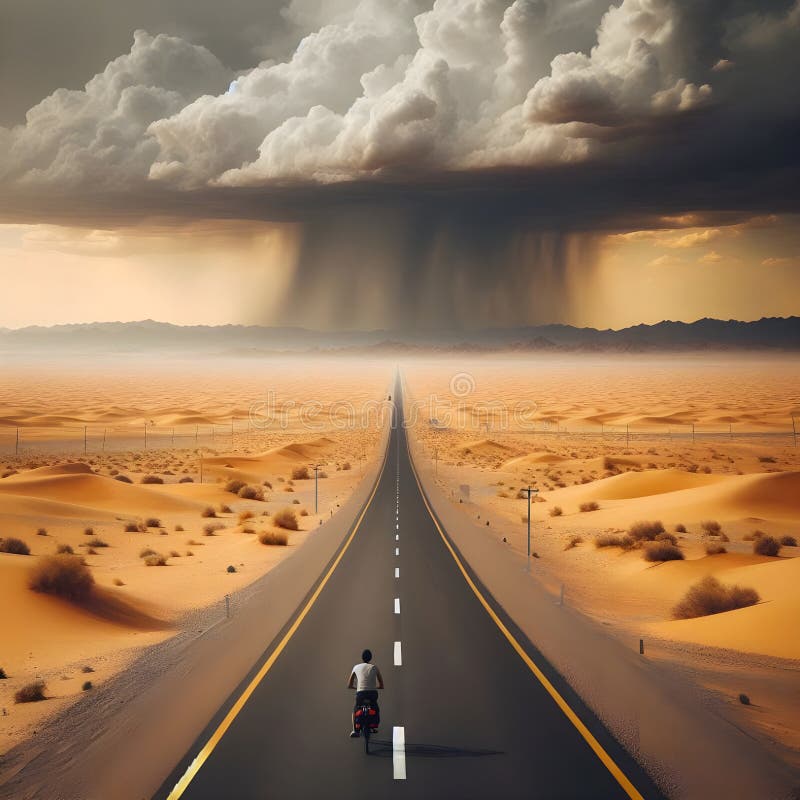 A Lone Cyclist is Crossing a Straight and Empty Road that Stretches Far ...