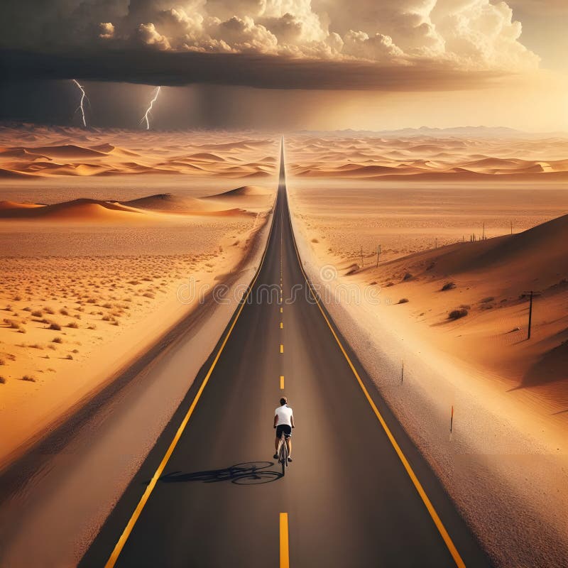 A Lone Cyclist is Crossing a Straight and Empty Road that Stretches Far ...