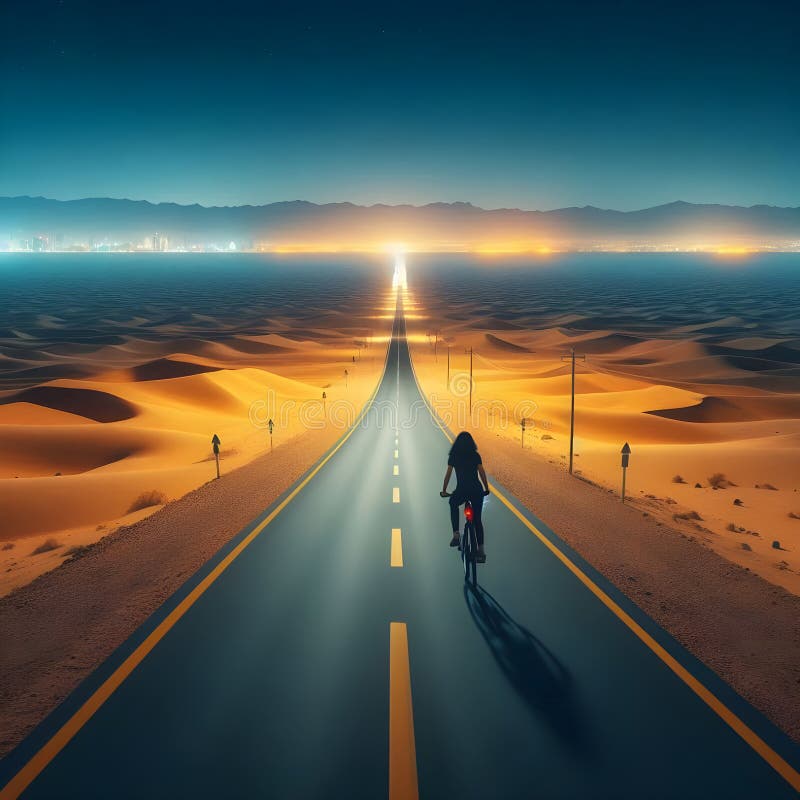 A Lone Cyclist is Crossing a Straight and Empty Road that Stretches Far ...