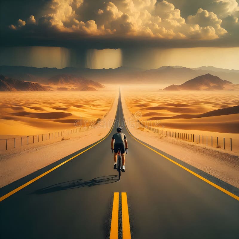 A Lone Cyclist is Crossing a Straight and Empty Road that Stretches Far ...
