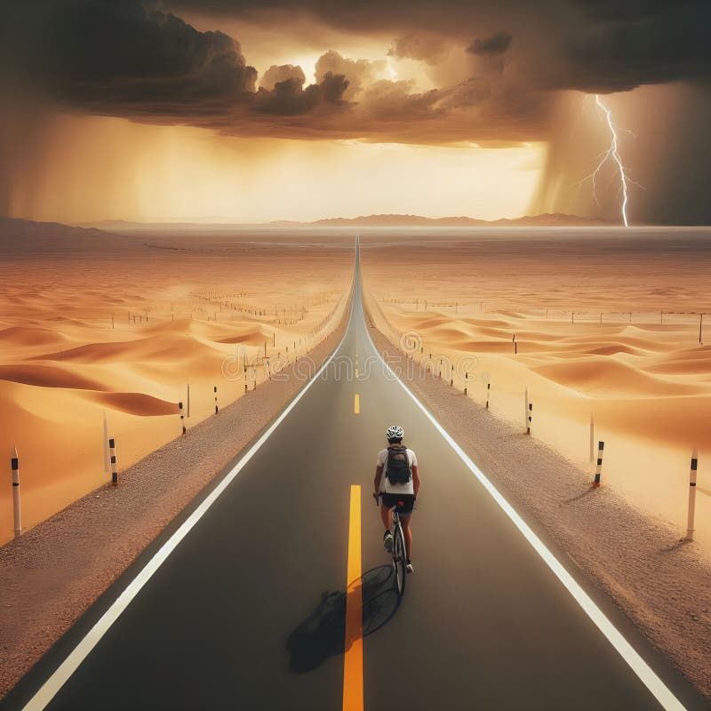 A Lone Cyclist is Crossing a Straight and Empty Road that Stretches Far ...