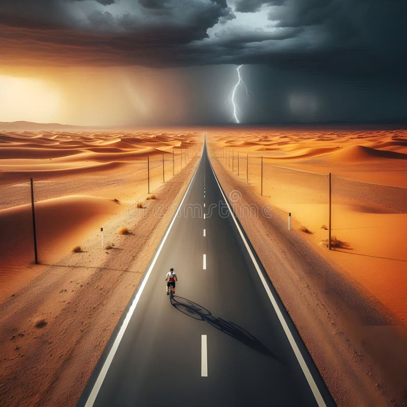 A Lone Cyclist is Crossing a Straight and Empty Road that Stretches Far ...