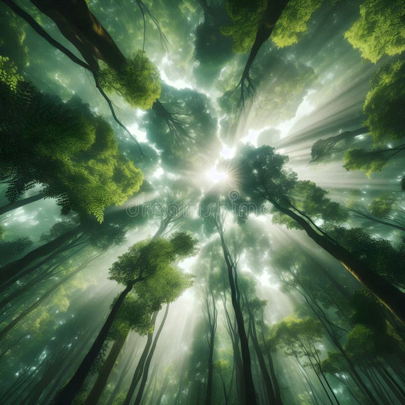 Looking from Below the Towering Trees of Leaves Lush with Dappled Light ...