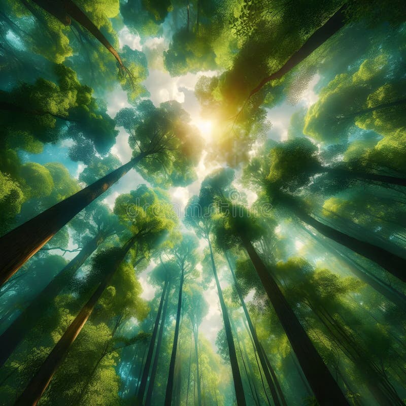 Looking from Below the Towering Trees of Leaves Lush with Dappled Light ...