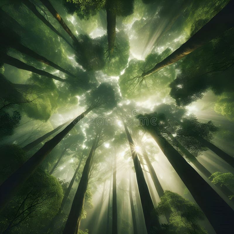 Looking from Below the Towering Trees of Leaves Lush with Dappled Light ...
