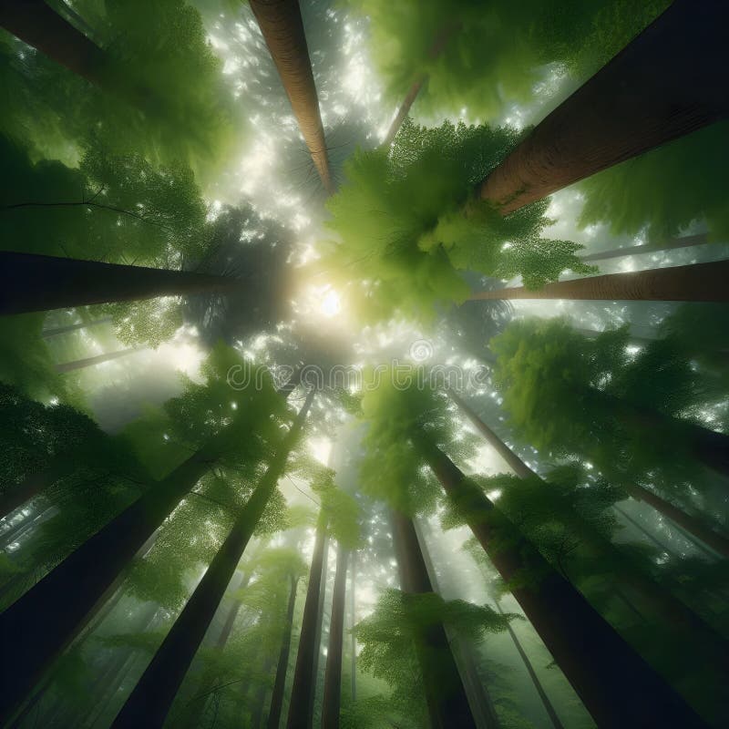Looking from Below the Towering Trees of Leaves Lush with Dappled Light ...
