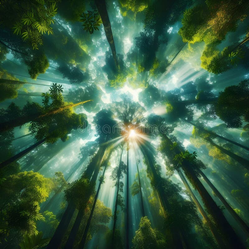 Looking from Below the Towering Trees of Leaves Lush with Dappled Light ...