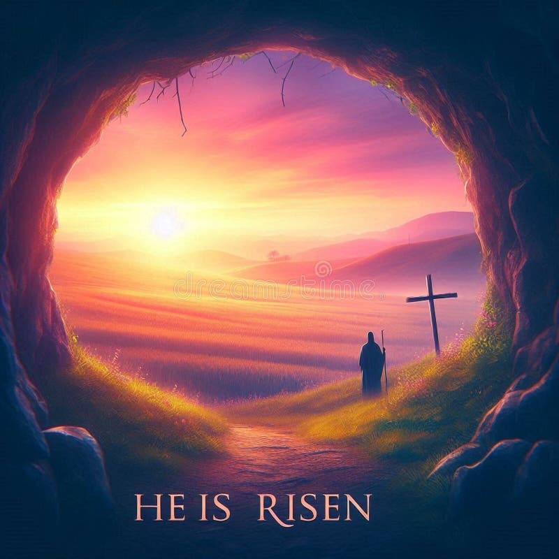 Looking Out from the Cave Towards a Field with a Cross Standing in the ...