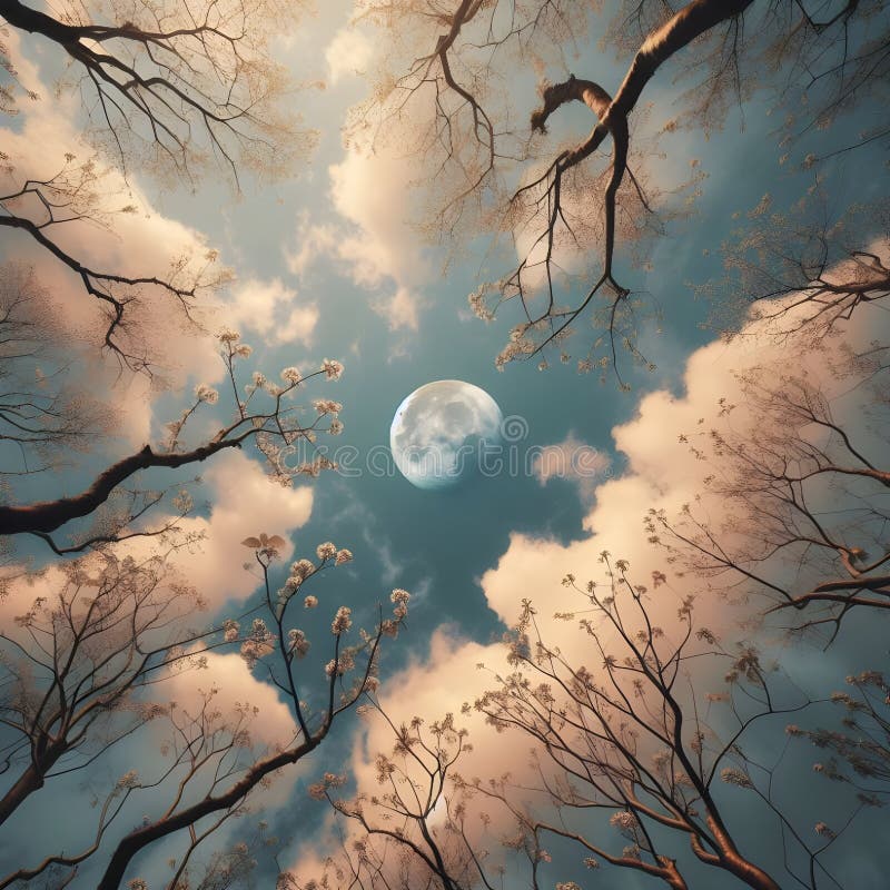 Image of Looking Up the Sky,moon is Seen through the Branches and ...