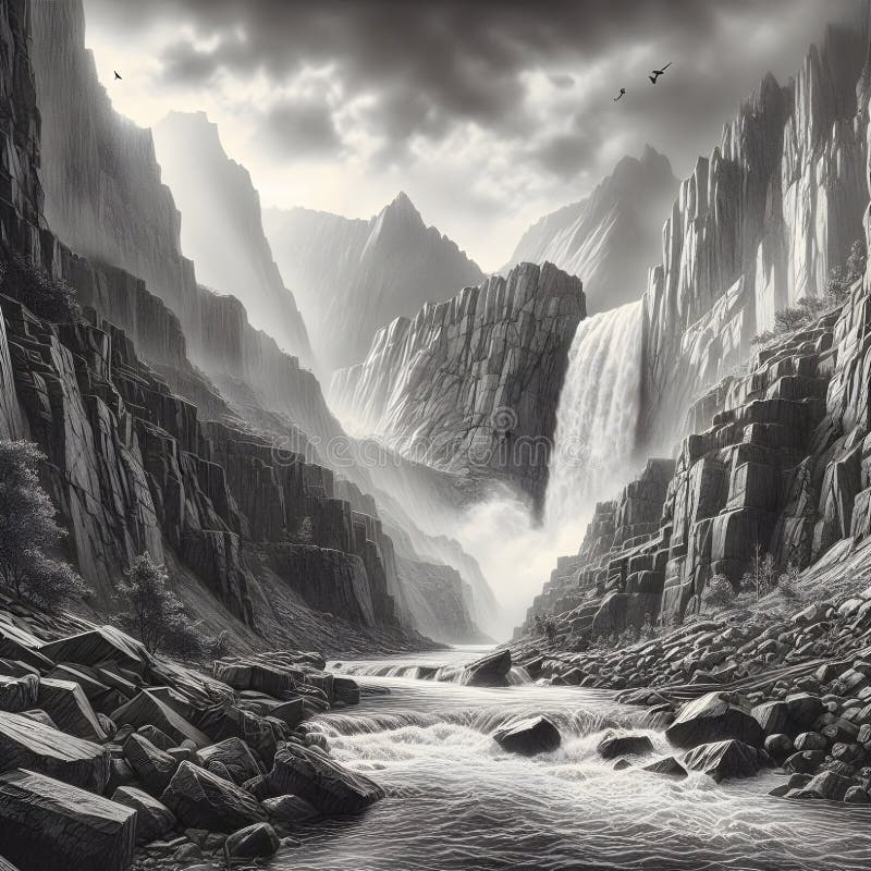 A Majestic Waterfall in Rocky Canyon Drawn with Graphite Pencil. Stock ...
