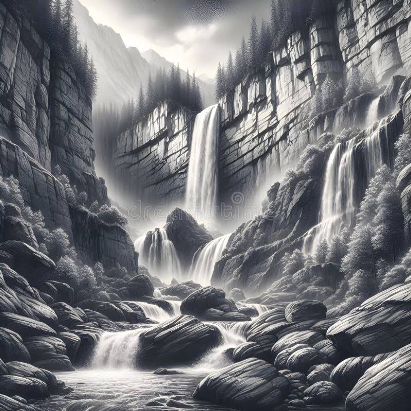 A Majestic Waterfall in Rocky Canyon Drawn with Graphite Pencil. Stock ...