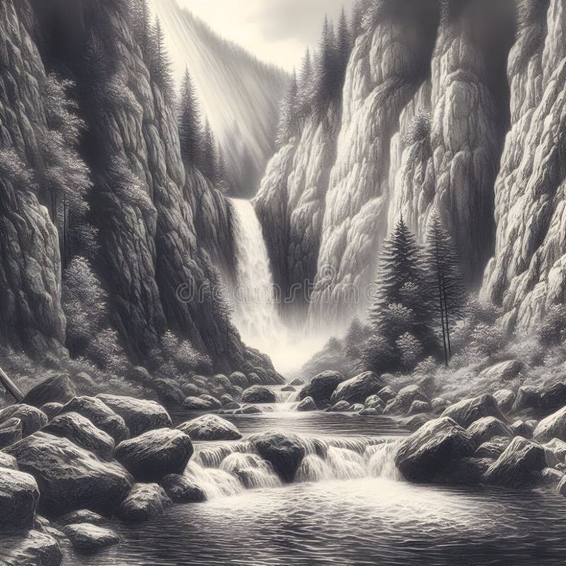 A Majestic Waterfall in Rocky Canyon Drawn with Graphite Pencil. Stock ...