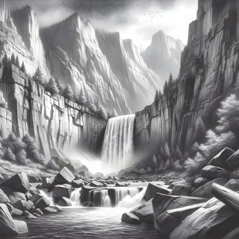 A Majestic Waterfall in Rocky Canyon Drawn with Graphite Pencil. Stock ...